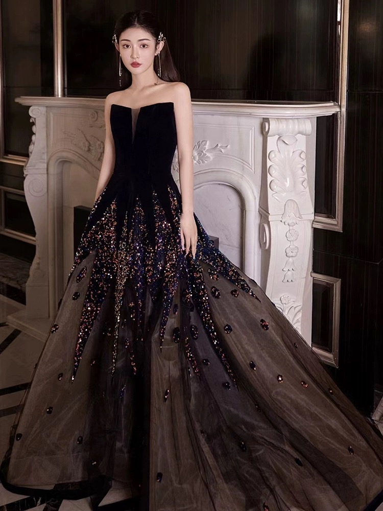 Strapless Party Dress,black Prom Dress Luxury Shiny Evening Dress on Luulla