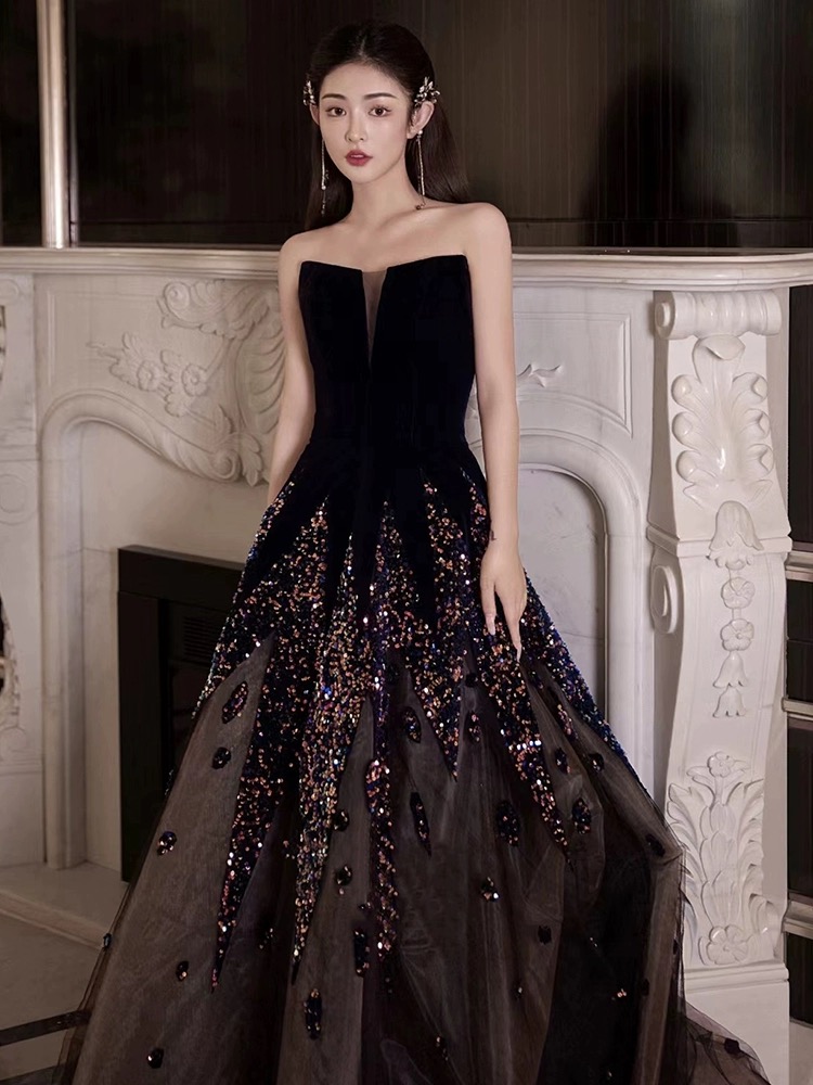 Strapless Party Dress,black Prom Dress Luxury Shiny Evening Dress on Luulla