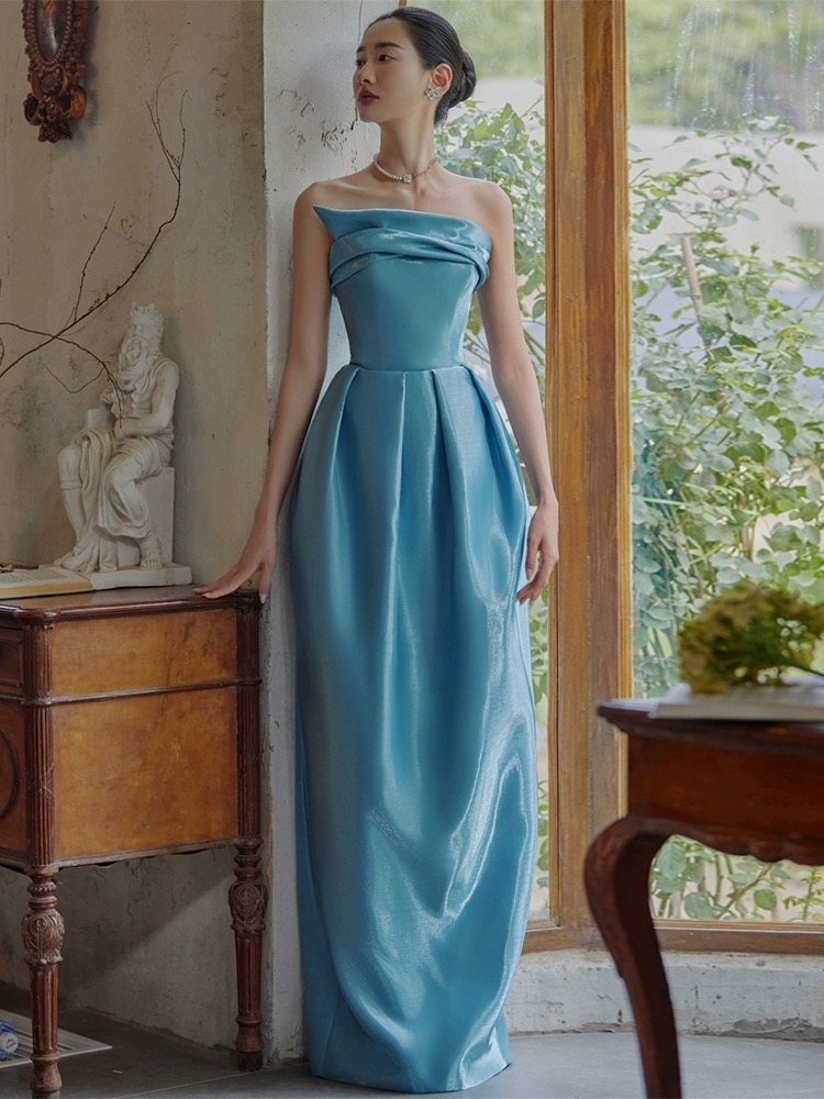 Blue Strapless Satin Evening Gown, Silky Prom Dress,sexy Party Dress on ...