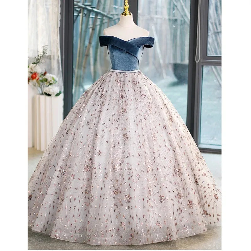Off-shoulder Denim Bodice Sparkling Tulle Gown on Luulla