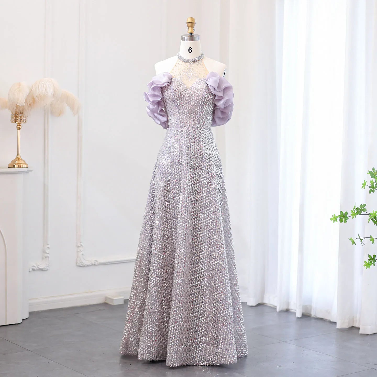 Sparkling Silver Gown With Ruffled Off-shoulder Sleeves on Luulla