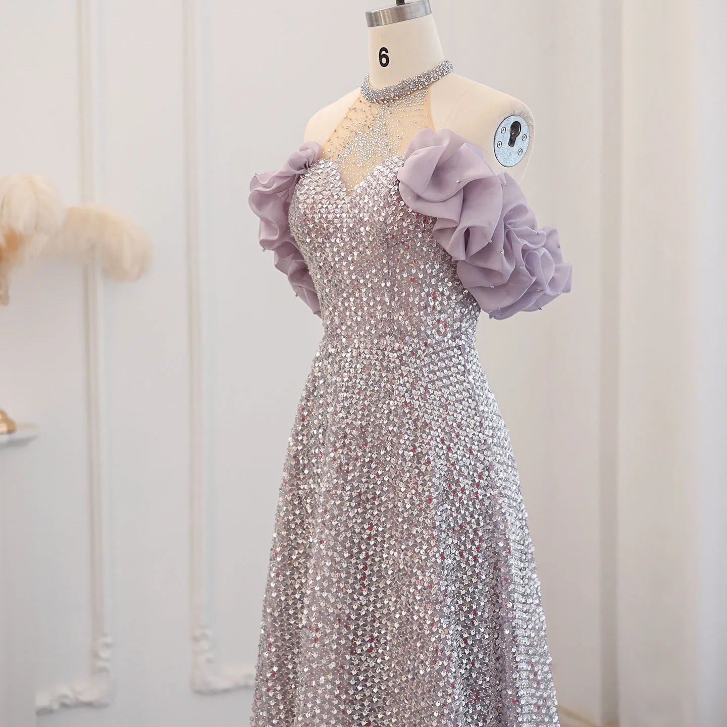 Sparkling Silver Gown With Ruffled Off-shoulder Sleeves on Luulla