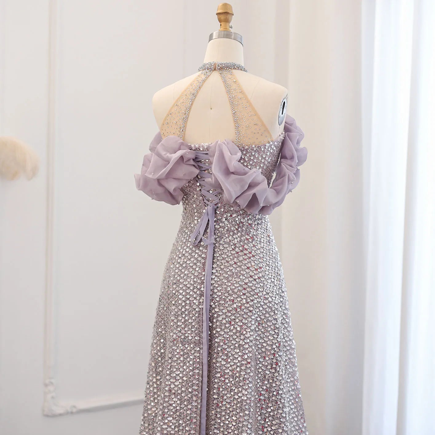 Sparkling Silver Gown With Ruffled Off-shoulder Sleeves on Luulla