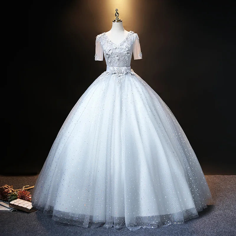 Sparkling White Gown With Lace Floral Detail on Luulla