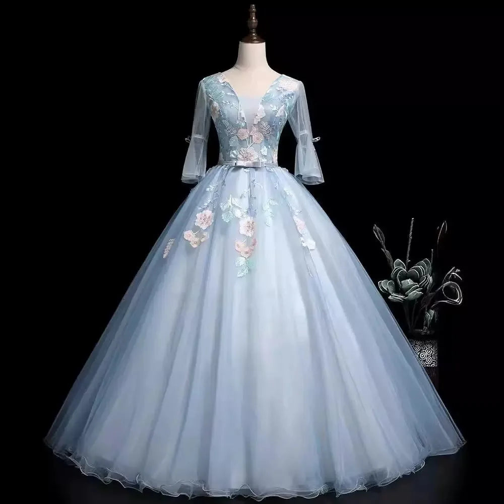 Exquisite Floral Embroidered Blue Tulle Evening Gown on Luulla