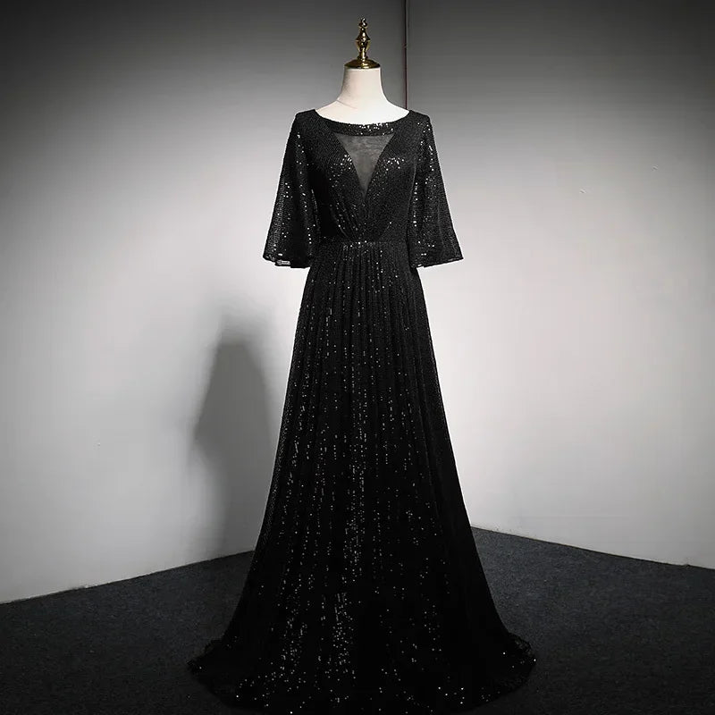 Black Sequin Gown With Sheer Bell Sleeves on Luulla