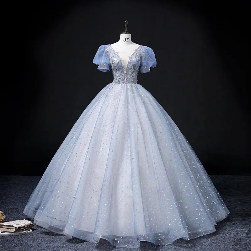 Sparkling Blue Gown With Puffy Sleeves Design on Luulla