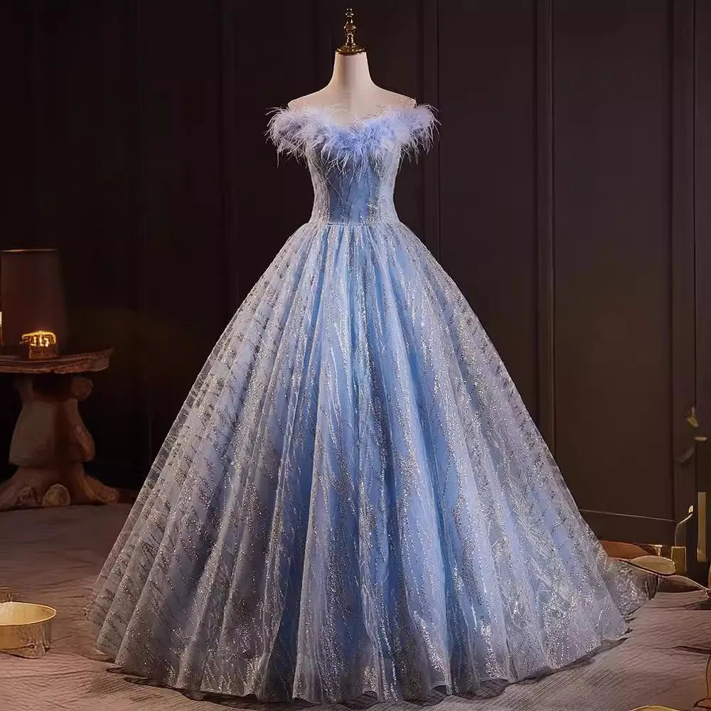 Sparkling Blue Off-shoulder Gown With Feathers on Luulla