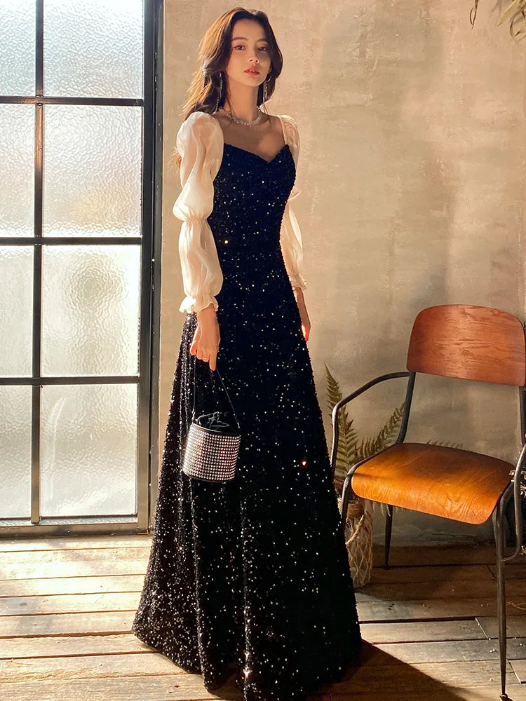 Sparkling Black Gown With Sheer Puff Sleeves on Luulla