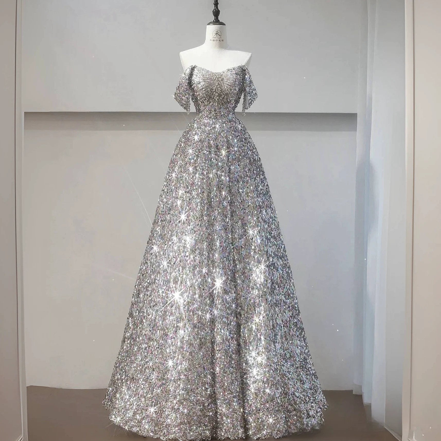 Shimmering Off-shoulder Silver Sequin Ball Gown on Luulla