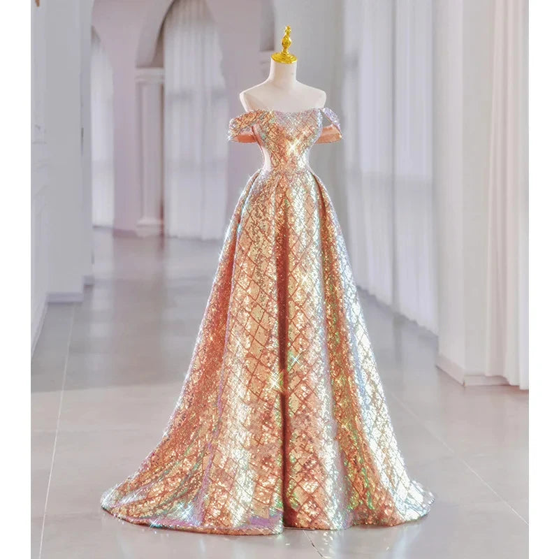 Sparkling Off-shoulder Gold Sequin Evening Gown on Luulla