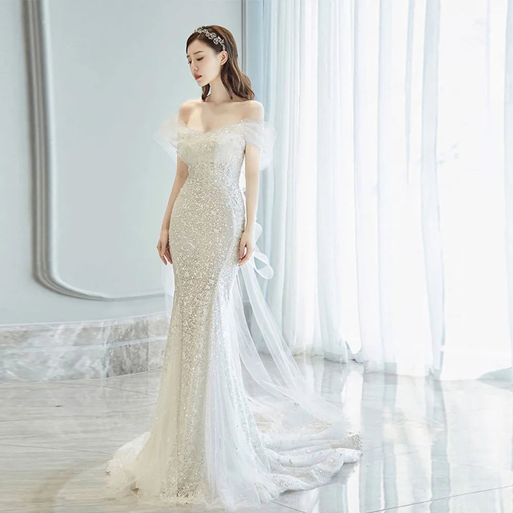 Off-shoulder Beaded Mermaid Bridal Gown With Train on Luulla
