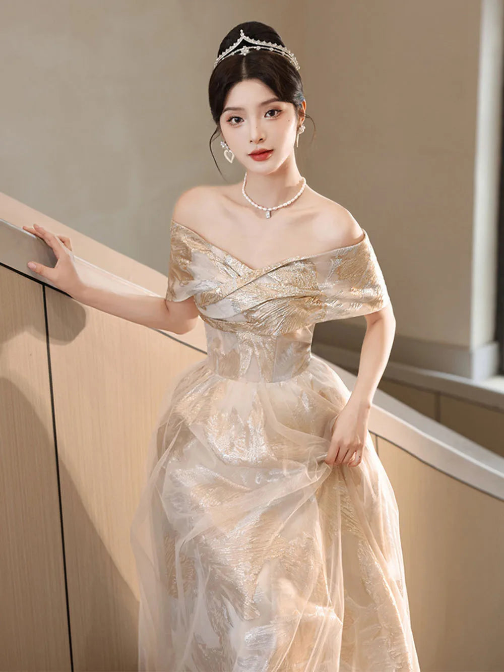 Elegant Champagne Golden Evening Dress Women's Off The Shoulder Lace Up ...
