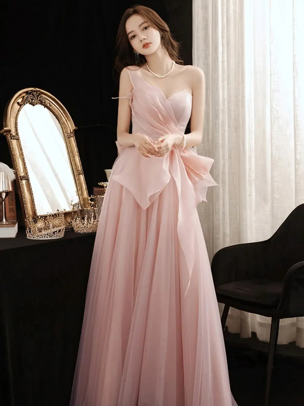 Strapless Pink Gown With Flowy Bow Design on Luulla