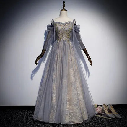 Grey Golden Beading Rococo Medieval Renaissance Drama Stage Gown Event ...
