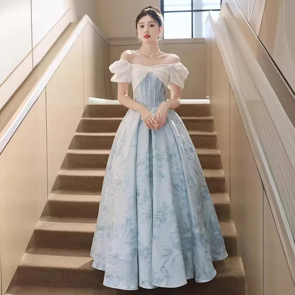 Off-shoulder Blue Gown With Puffy Sleeves on Luulla